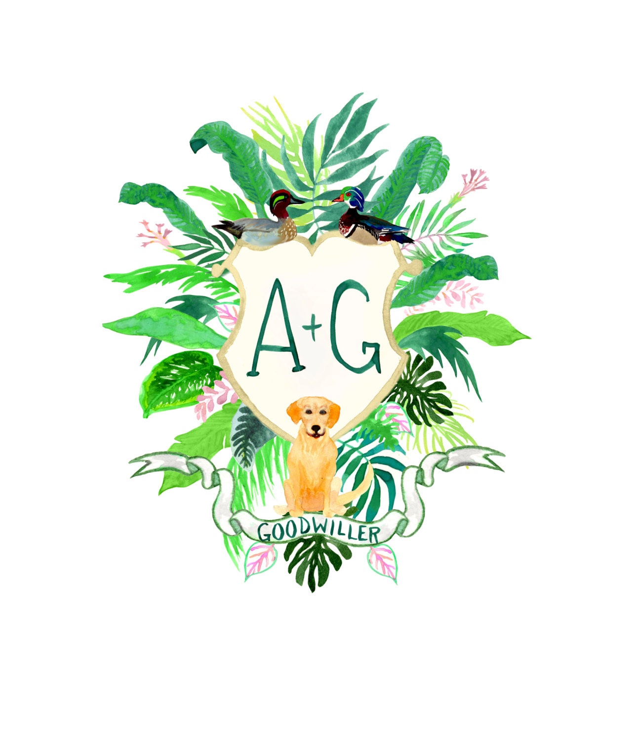 Hand Drawn Custom Crest - Monogram, Heraldry, Flowers, Palm, Hibiscus ...