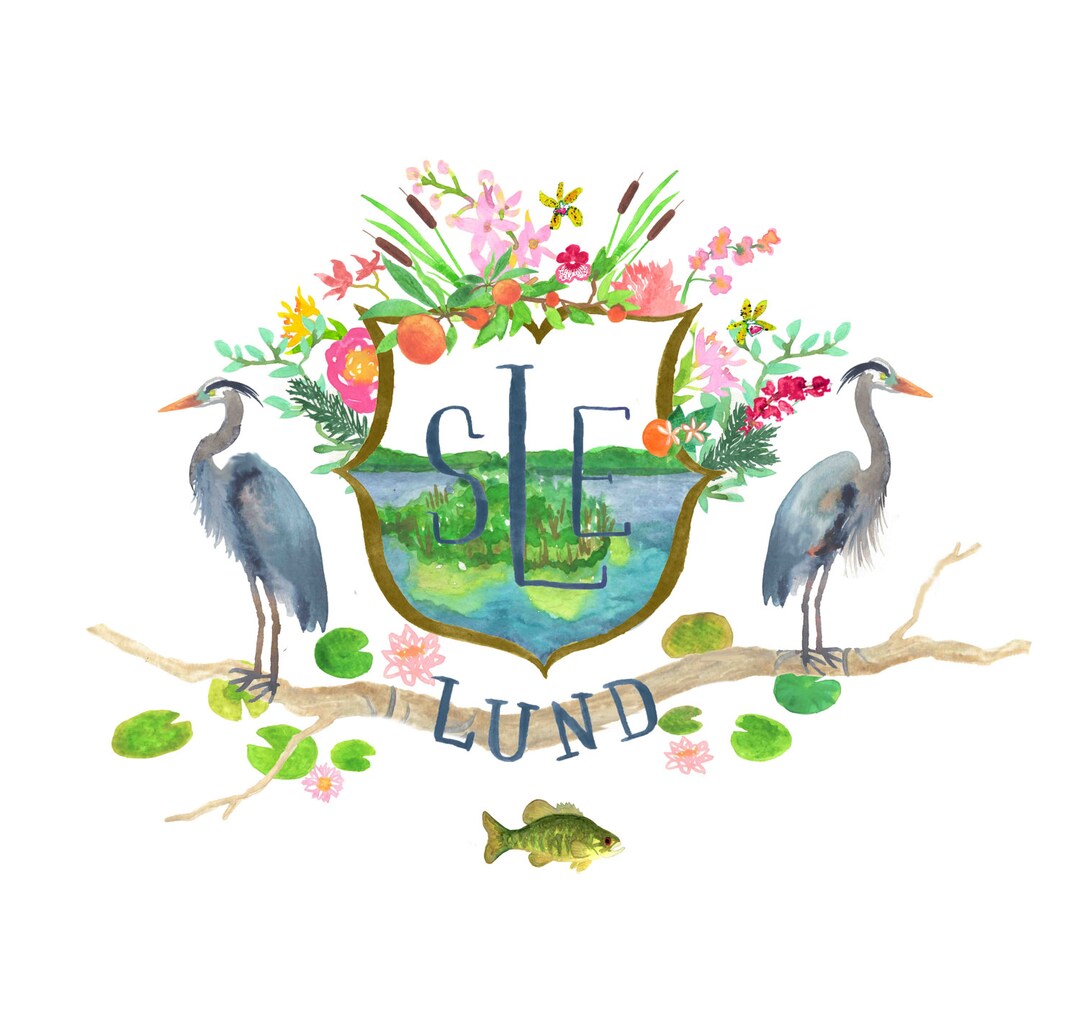 Hand Drawn Custom Crest - Monogram, Heraldry, Flowers, Bird, Island ...