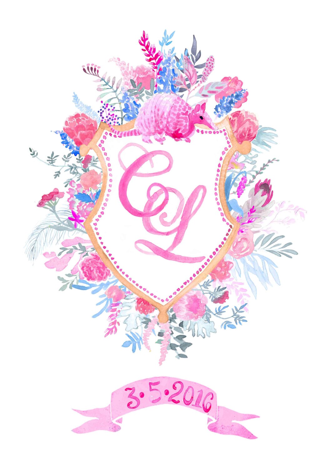 Hand Drawn Floral Crest Monogram Flowers Arrangment | Etsy