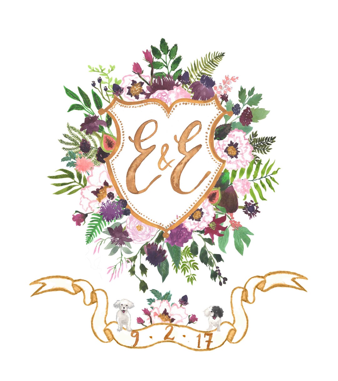 Hand Drawn Custom Crest - Monogram, Heraldry, Flowers, English, Garden ...