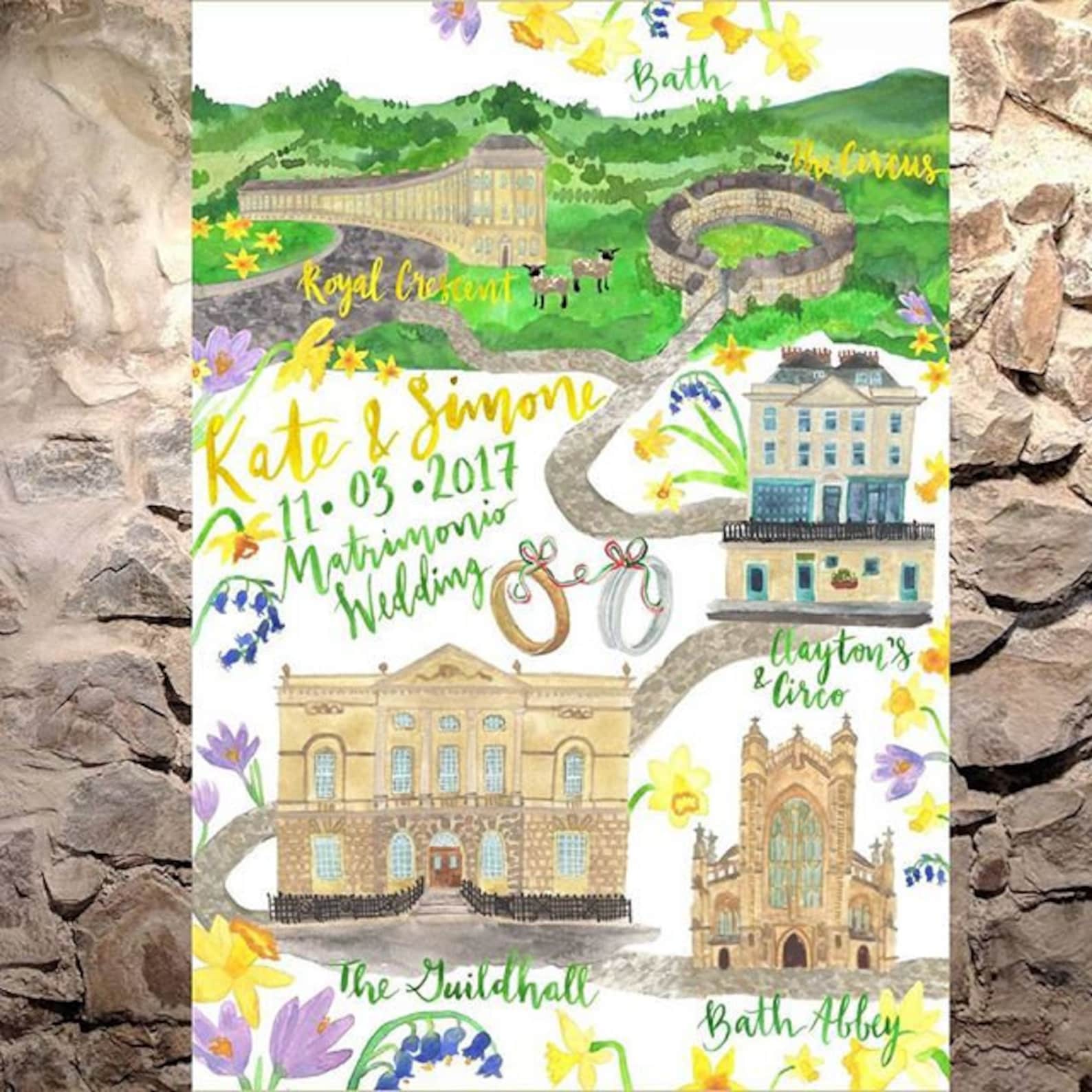 Handmade Custom Wedding Map Hand Drawn Watercolour Pen and - Etsy