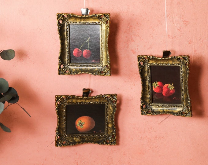 3 Vintage Fruit Art Framed, Fruit Print Set, Ornate Gold Frame, Small ...