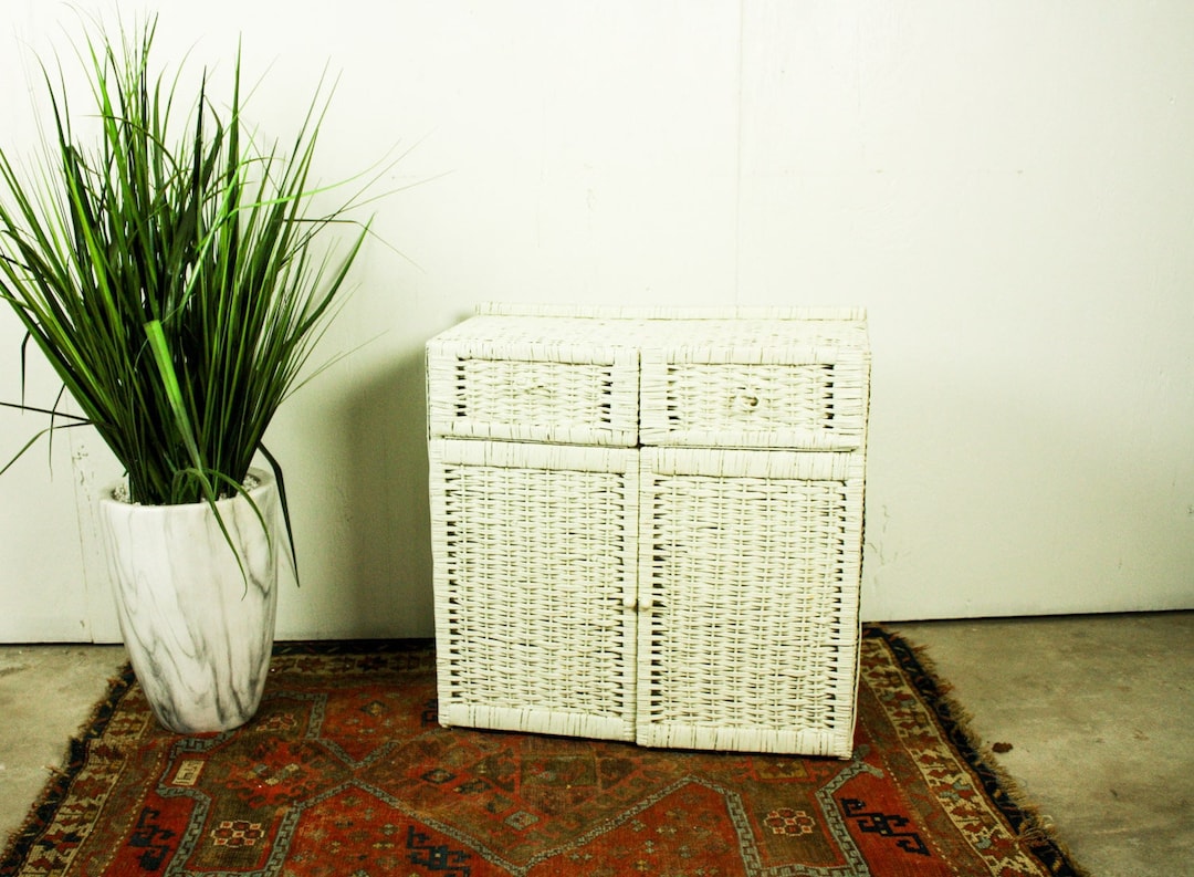 Vintage Wicker Cabinet With Doors, Woven Nightstand, Wicker Table ...