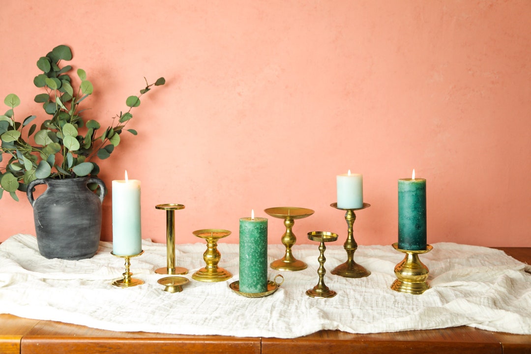5 Vintage Brass Pillar Candle Holder Set, Wedding Candles Centerpiece ...