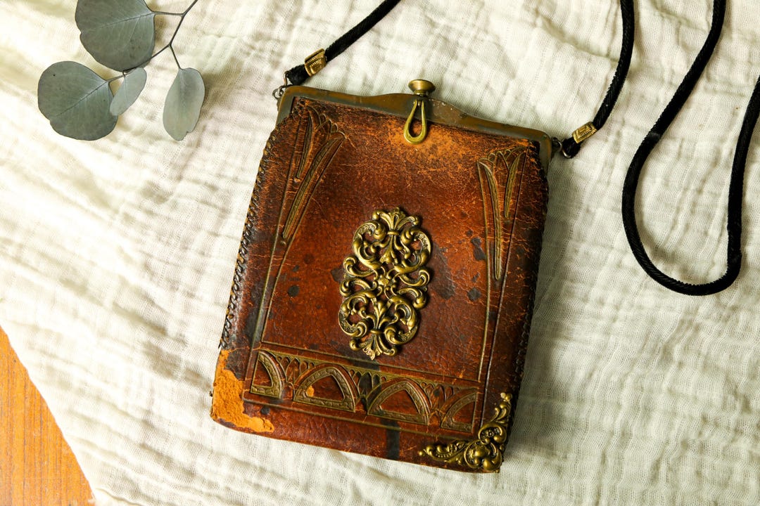 Antique Brass and Leather Purse, Leather Crossbody Purse, Edwardian ...