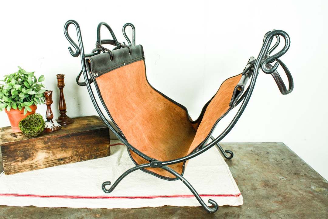 Vintage Wrought Iron Firewood Holder, Firewood Rack Indoor, Leather ...
