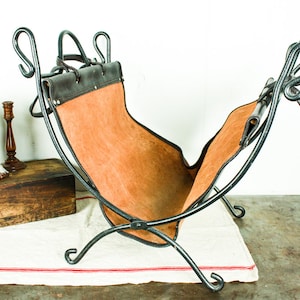 Vintage Wrought Iron Firewood Holder, Firewood Rack Indoor, Leather ...