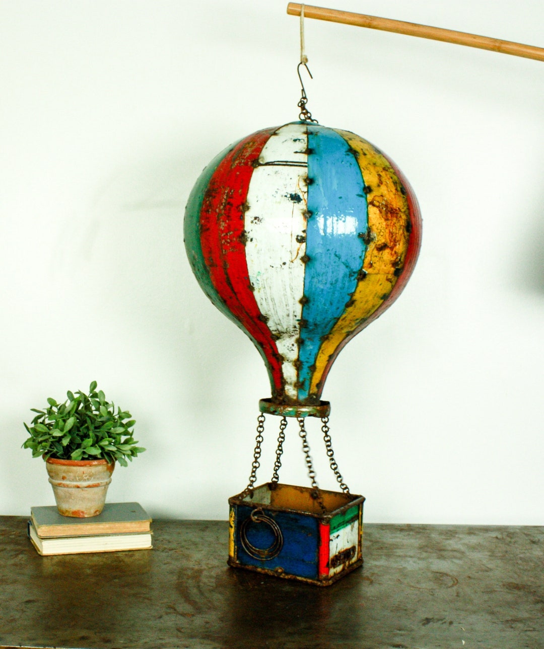 Vintage Metal Hot Air Balloon Planter, Unique Outdoor Planter, Hanging ...