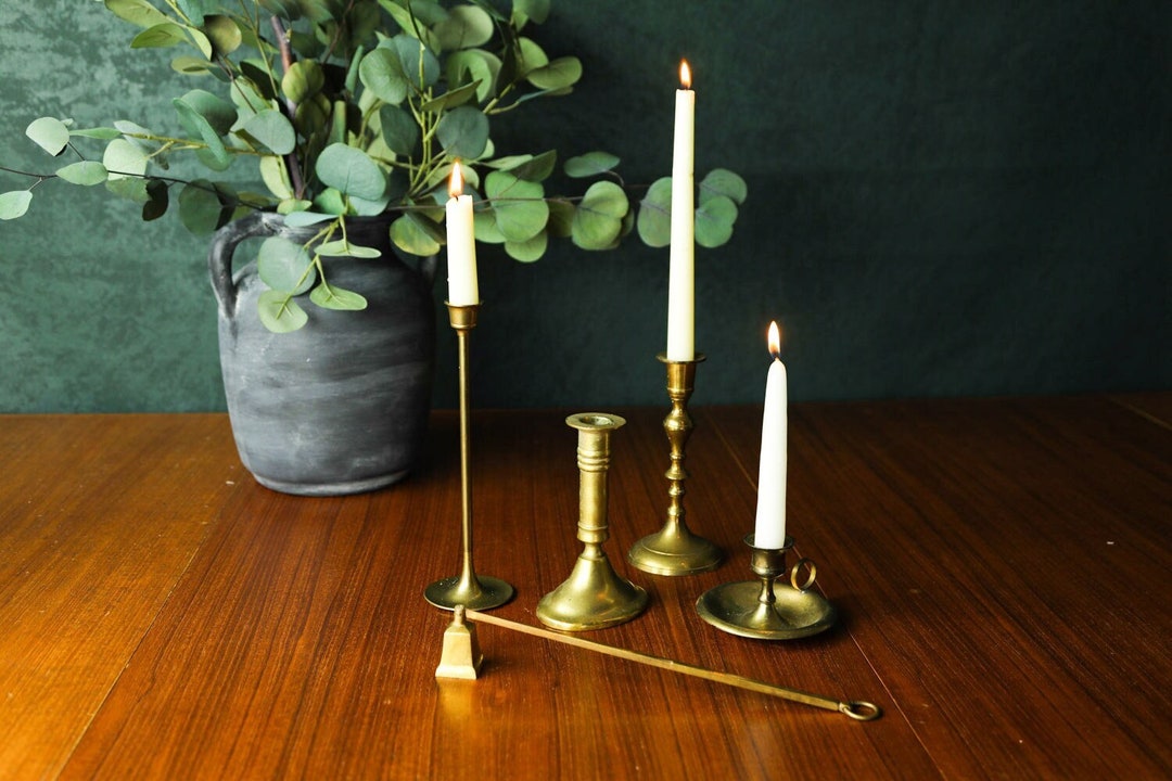 4 Vintage Brass Candlesticks and Snuffer, Brass Candle Snuffer Unique, Brass Candle Holder ...
