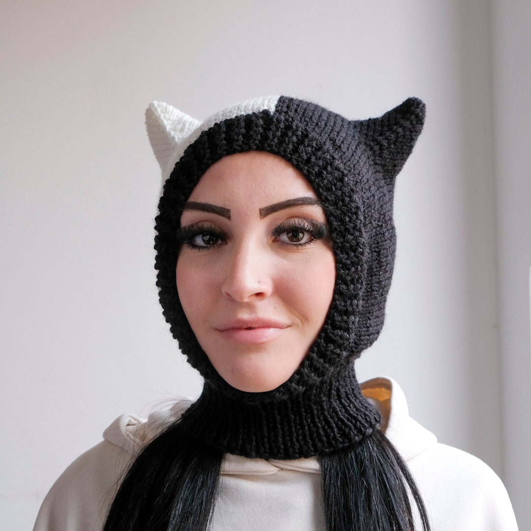 Black and White Cat Balaclava Hand Knit for Woman - Etsy