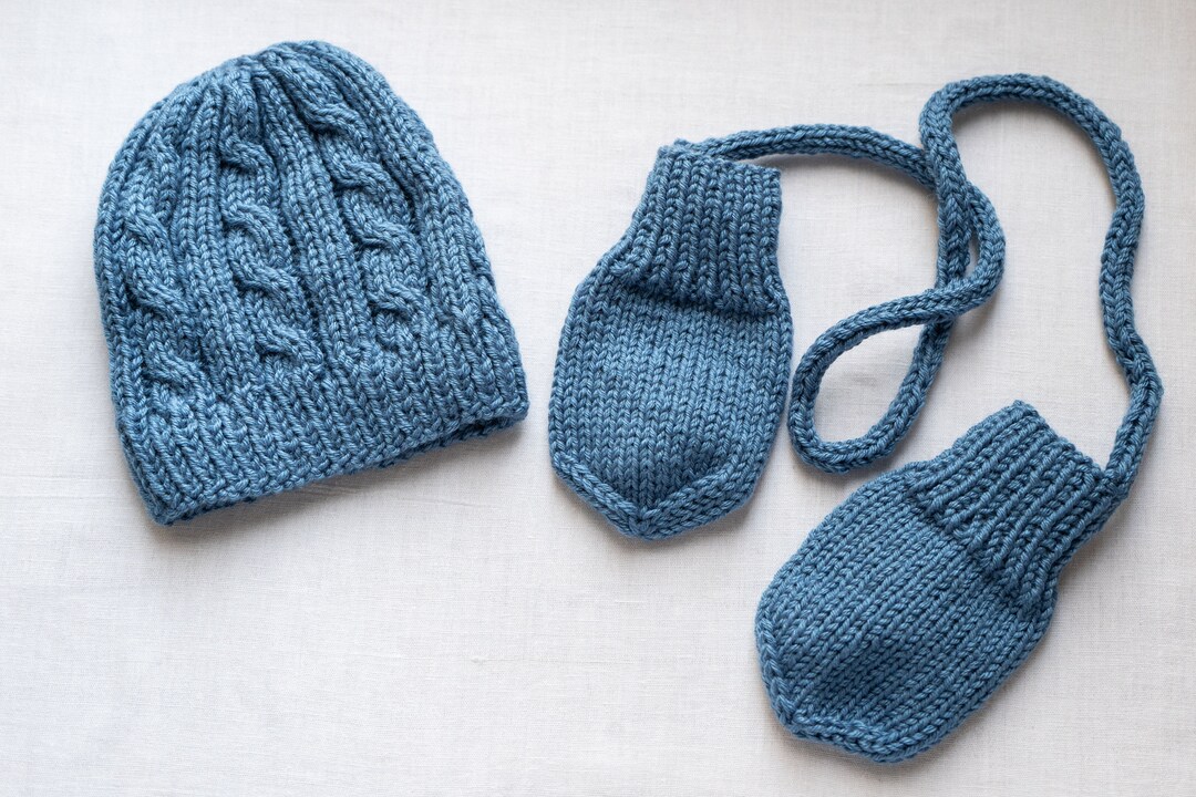 Baby Hand Knit Set Blue Cabled Beanie and Mitts for 6-12 Months Old - Etsy