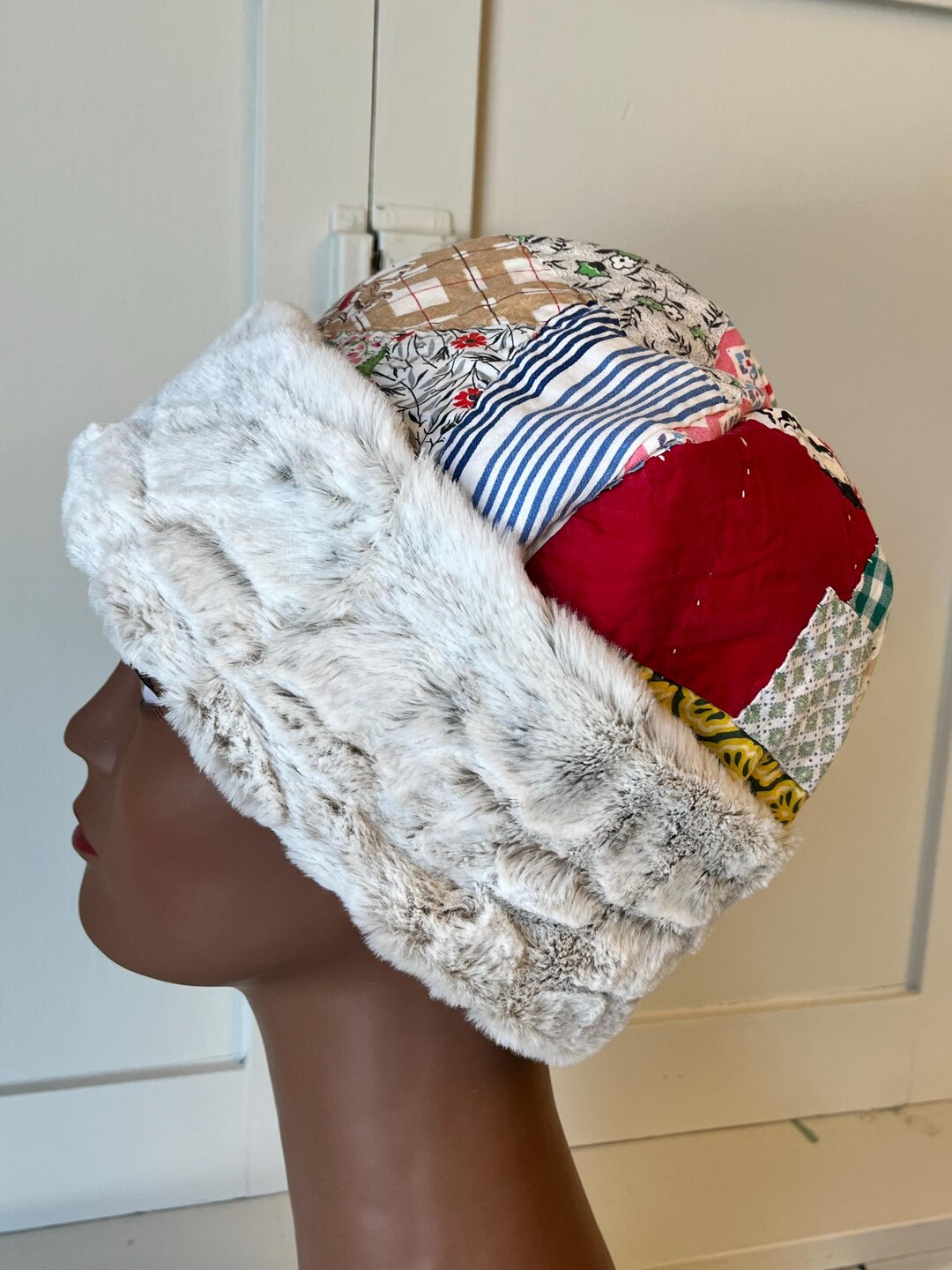 Quilted Hat With Faux Fur Brim, Crazy Quilt, Up-cycled Handmade Winter ...