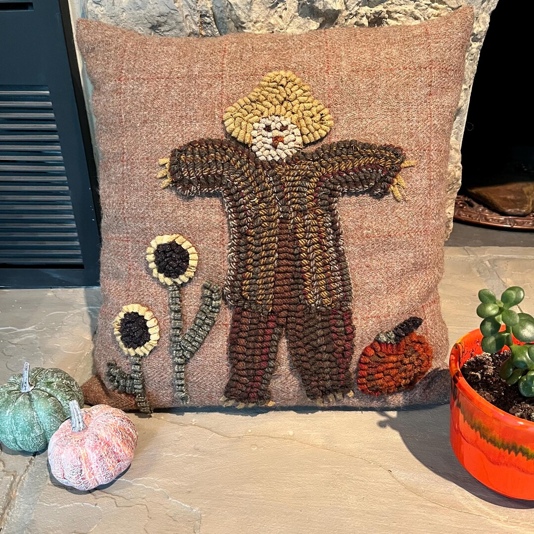 Handmade Wool Hooked Scarecrow Pillow: Brown Plaid Fall Decor - Etsy