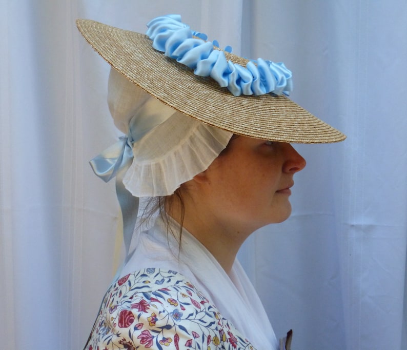 MANY COLORS! 18th Century Shallow Crown Straw Hat Trimmed W/ White Silk ...