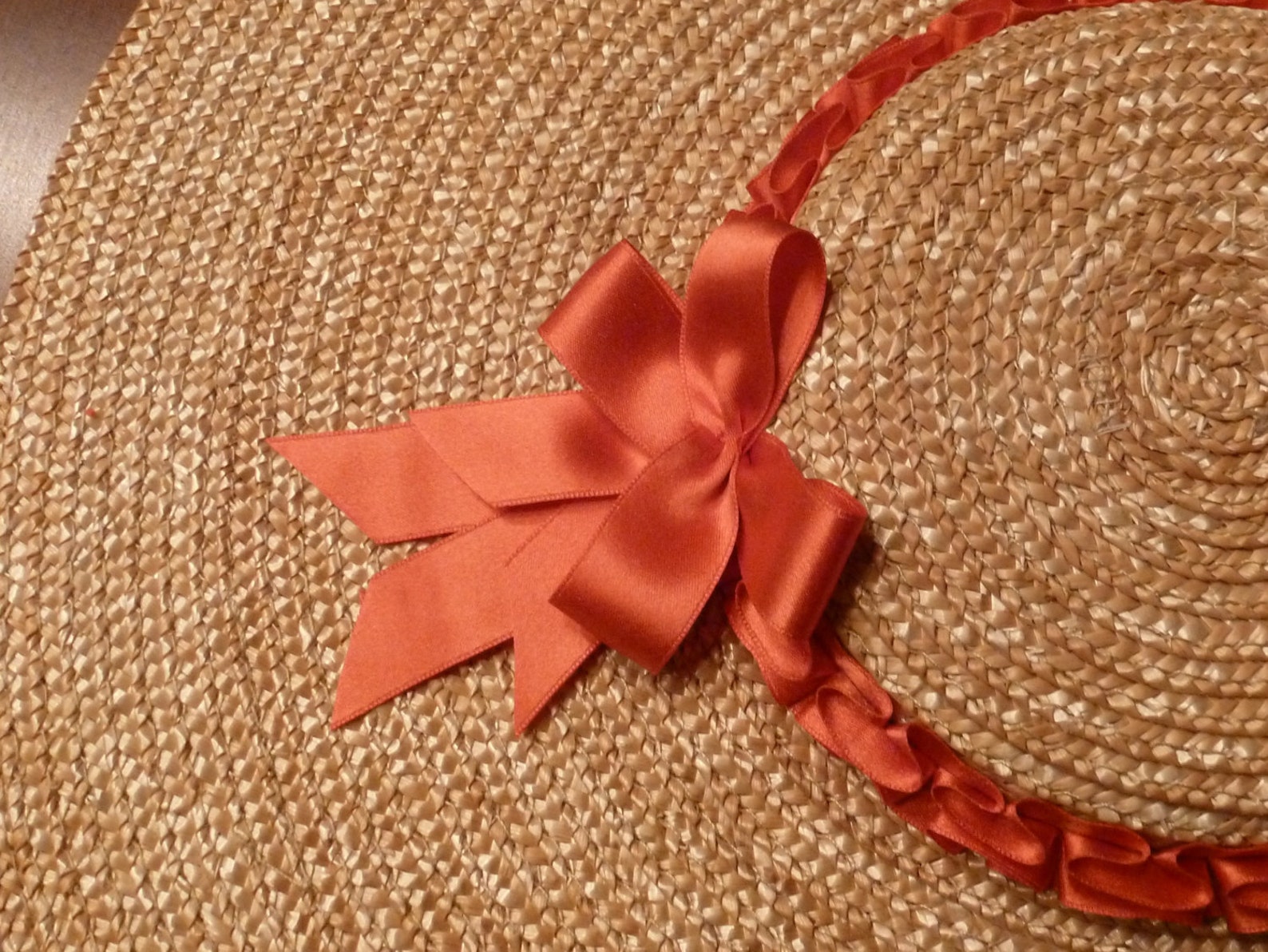 18th Century Shallow Crown Straw Hat Trimmed W/ Tomato Red Silk Satin ...