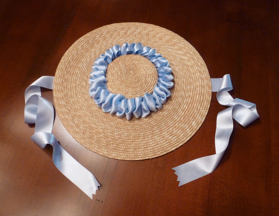 18th Century Shallow Crown Straw Hat Trimmed W/ Silk Satin Ribbons for ...