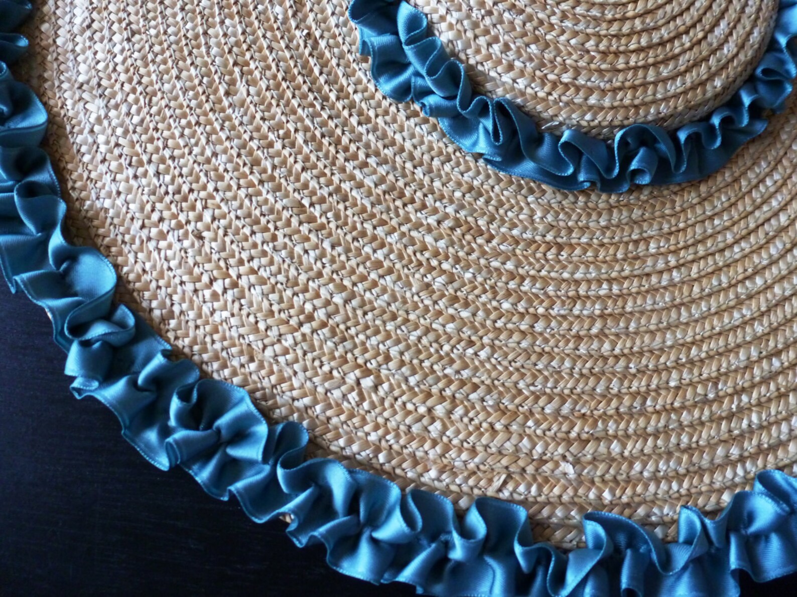 18th Century Shallow Crown Straw Hat Trimmed and Edged W/ Gathered Silk ...
