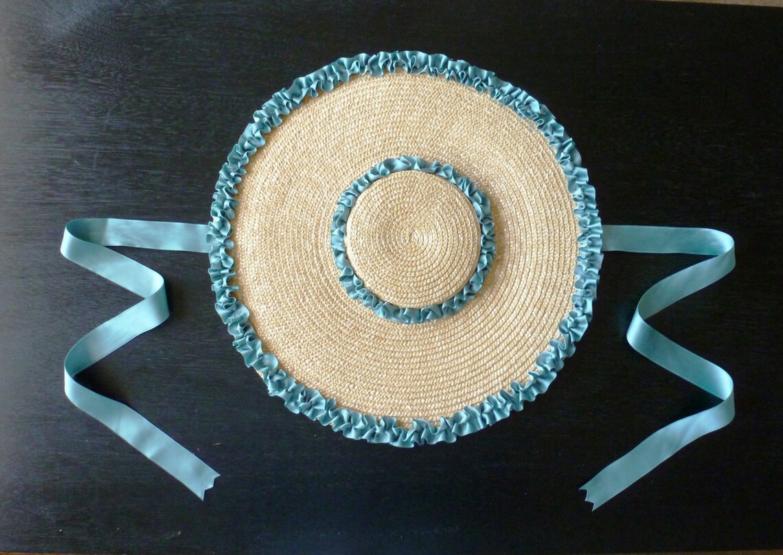 18th Century Shallow Crown Straw Hat Trimmed and Edged W/ Gathered Silk ...