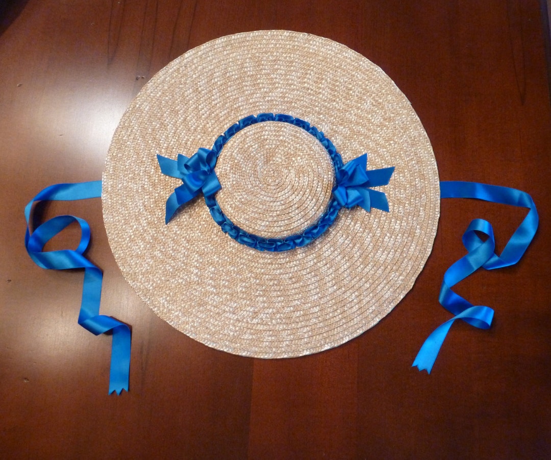 18th Century Shallow Crown Straw Hat Trimmed W/ Cobalt Blue Silk Satin ...
