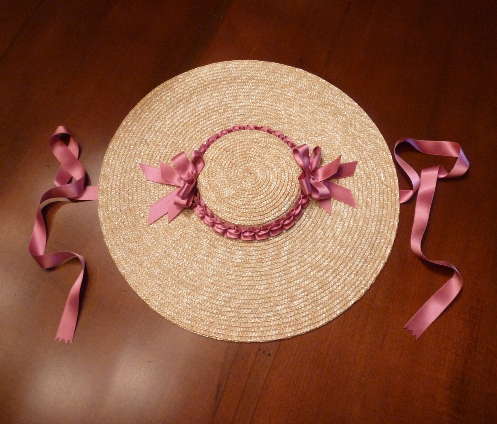 18th Century Shallow Crown Straw Hat Trimmed W/ Rose Pink Silk Satin ...