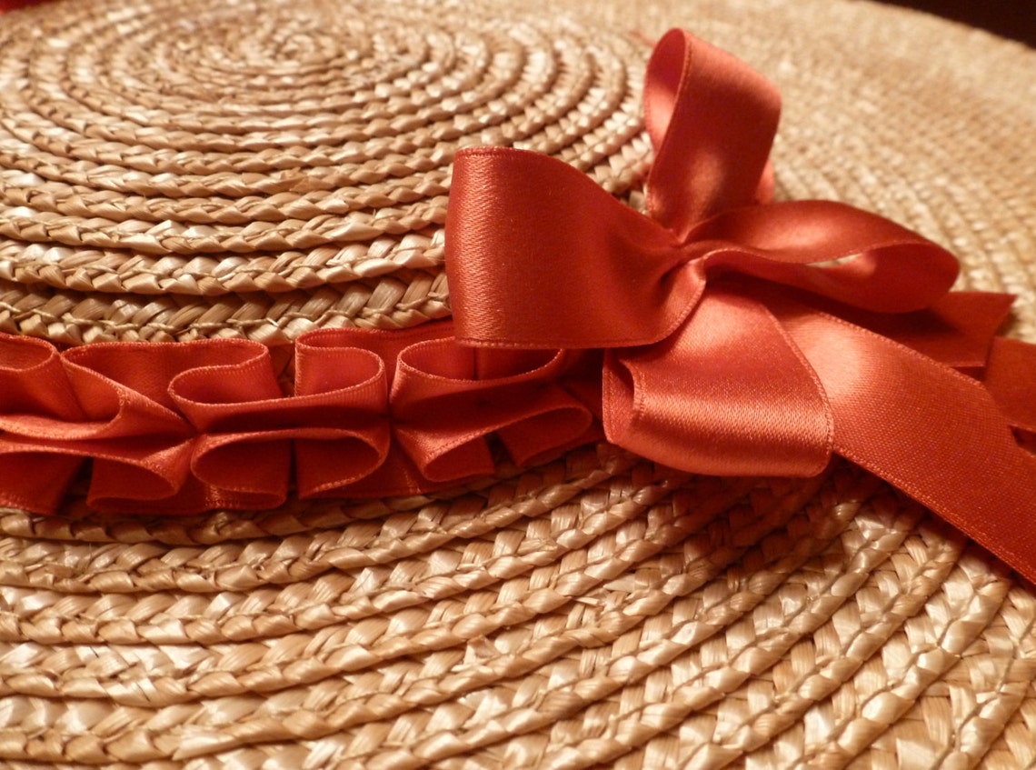 18th Century Shallow Crown Straw Hat Trimmed W/ Tomato Red Silk Satin ...