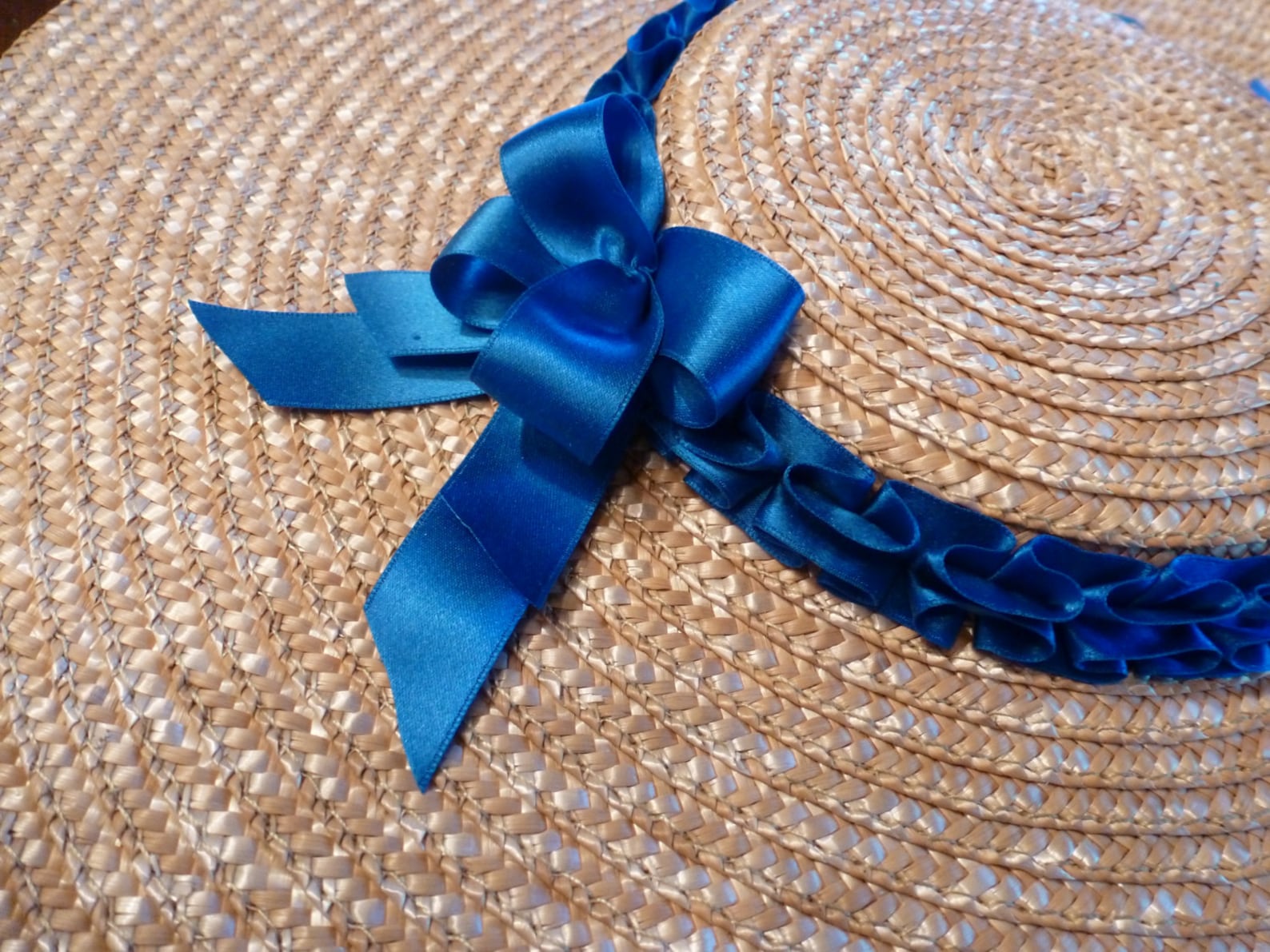 18th Century Shallow Crown Straw Hat Trimmed W/ Cobalt Blue Silk Satin ...