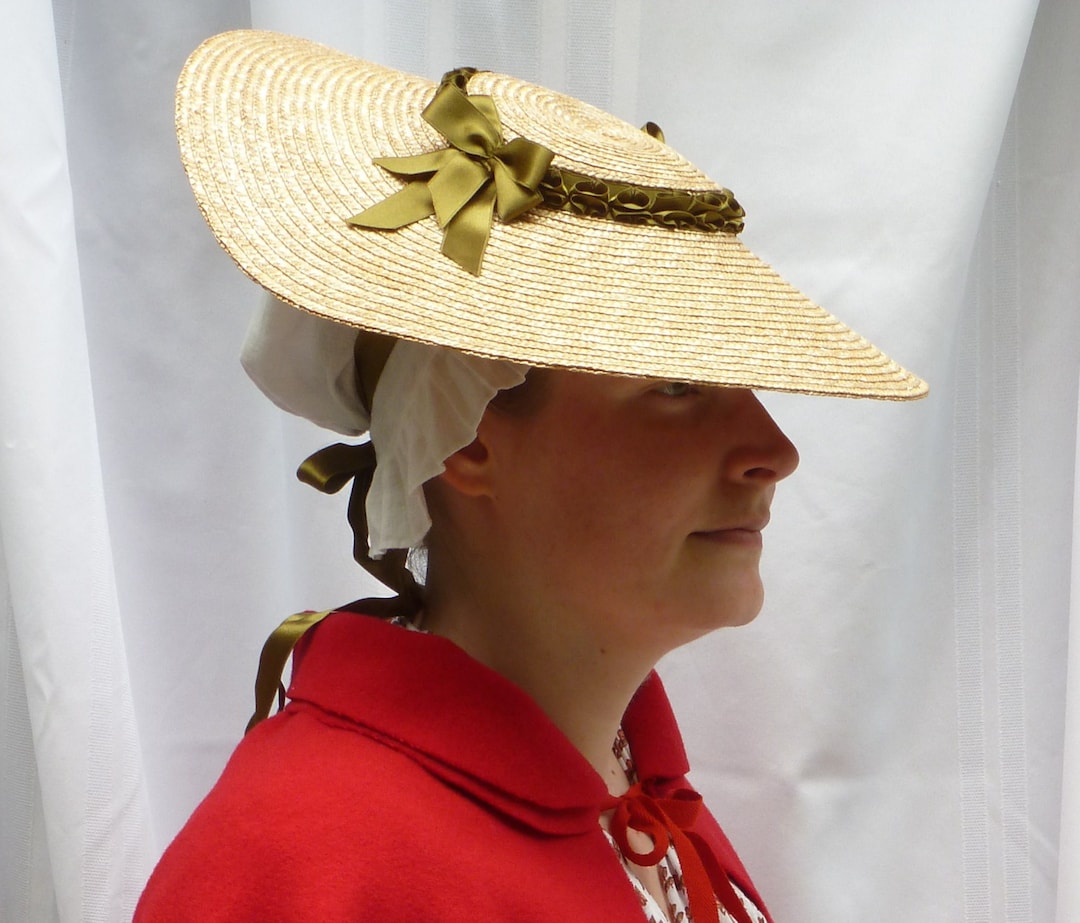 18th Century Shallow Crown Straw Hat Trimmed W/ Olive Green Silk Satin ...