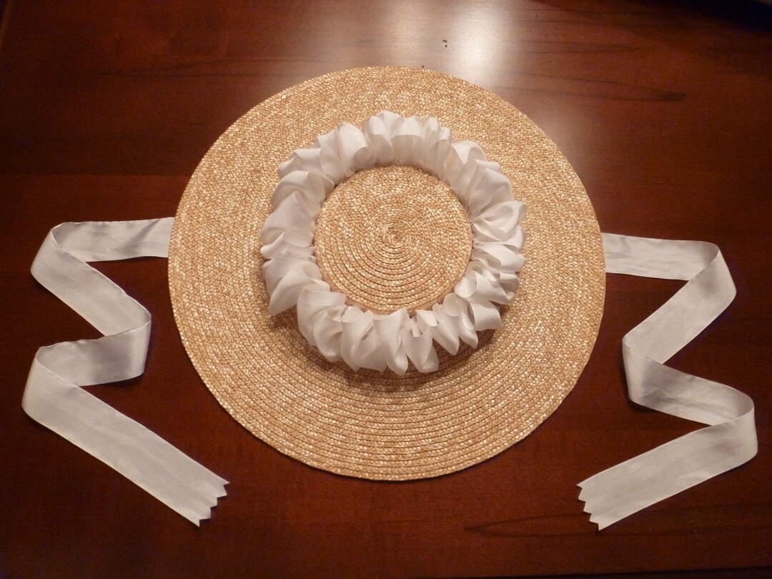 MANY COLORS! 18th Century Shallow Crown Straw Hat Trimmed W/ White Silk ...