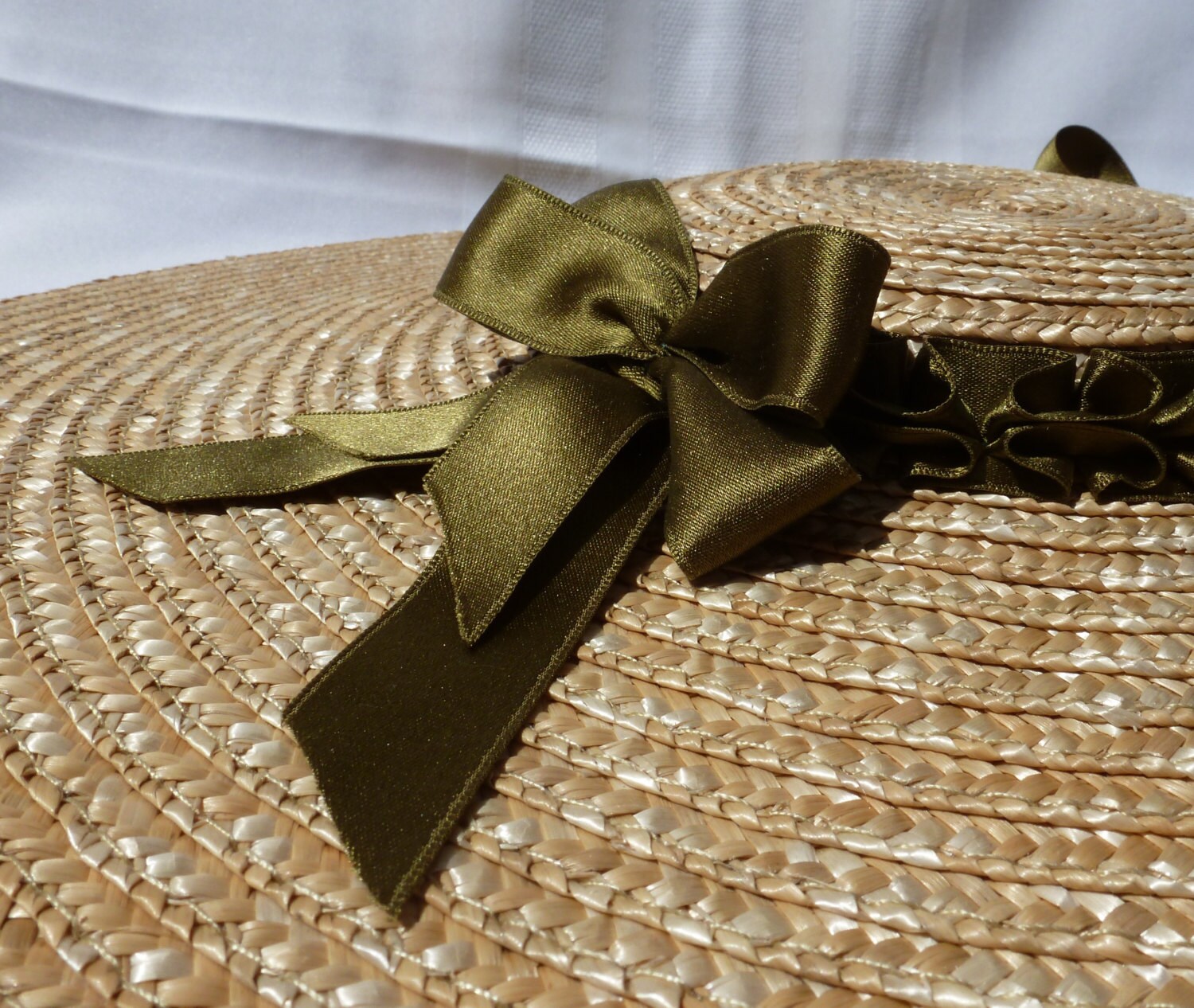 18th Century Shallow Crown Straw Hat Trimmed W/ Olive Green Silk Satin ...