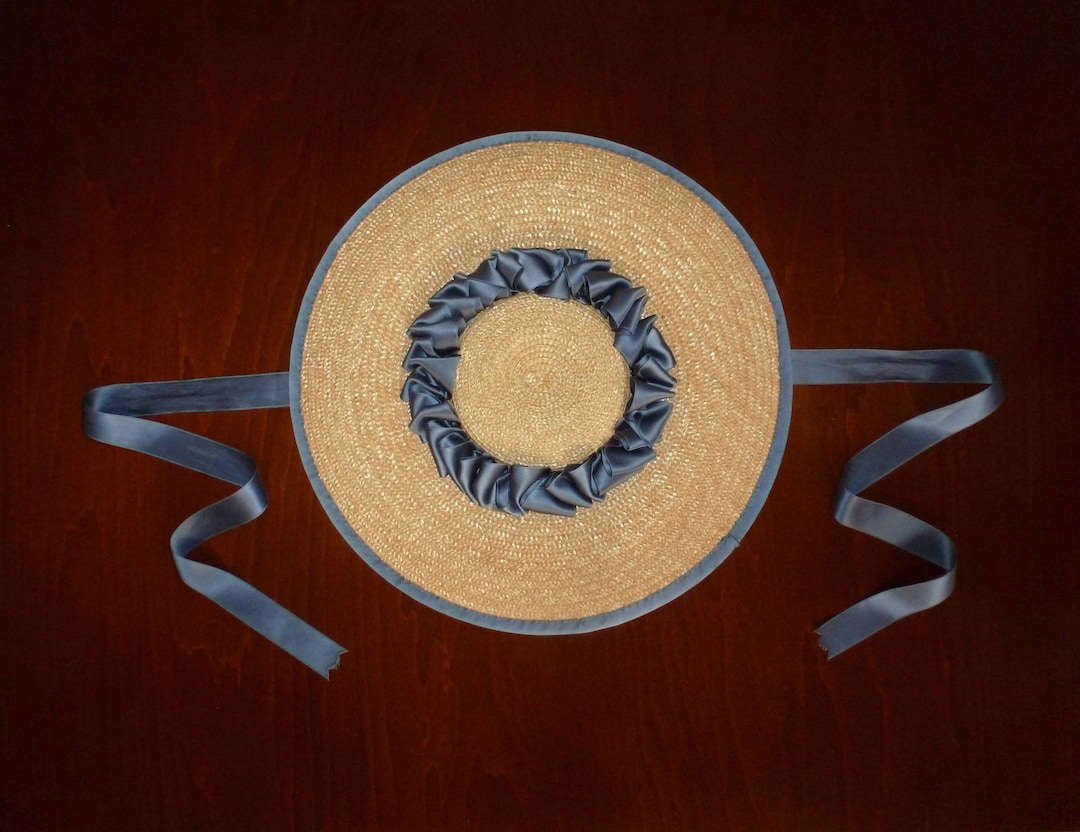 18th Century Shallow Crown Straw Hat Trimmed W/ Silk Satin Ribbon Puffs ...