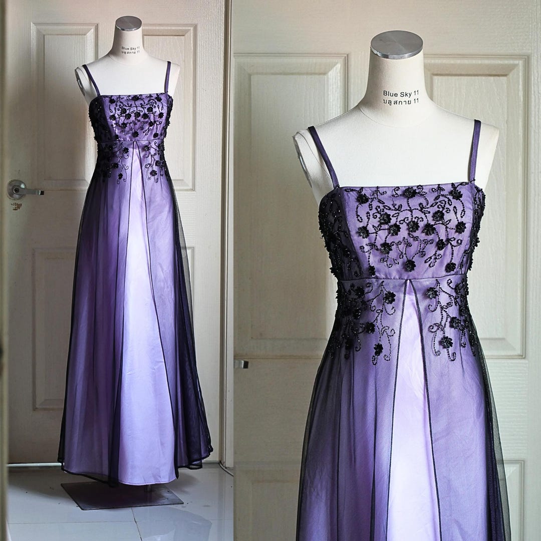 Vintage Cache 90s Prom Dress, 1990s Purple Floral Empire Waist Formal ...