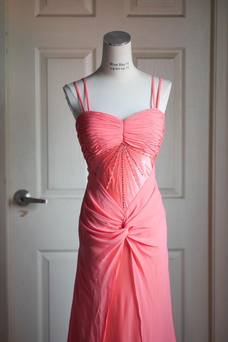 Vintage Y2K Catwalk Instyle Coral Slip Maxi Dress Beaded Chiffon Prom ...