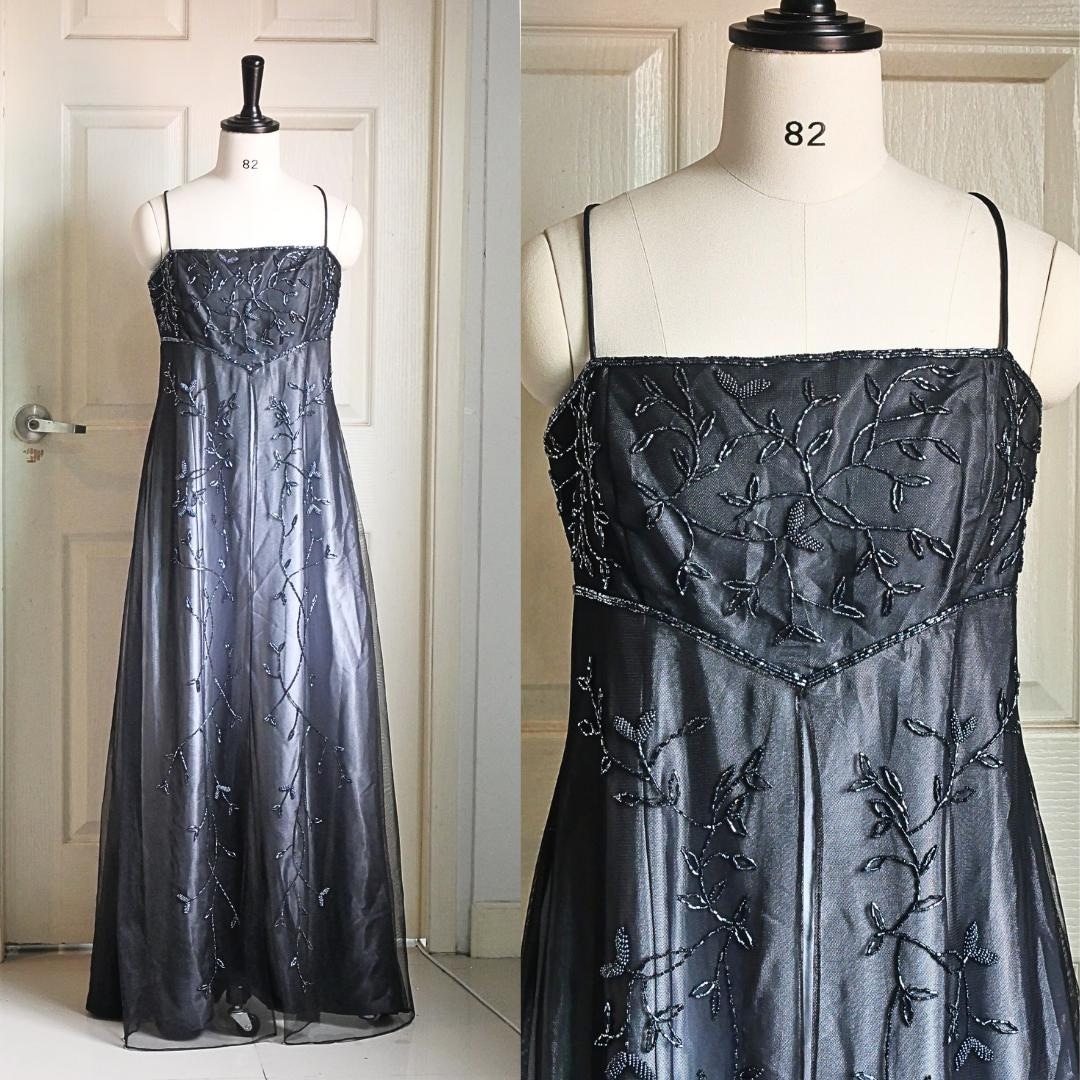 1990s Vintage Betsy & Adam Gothic Ombré Grey Silver Beaded Prom Dress ...