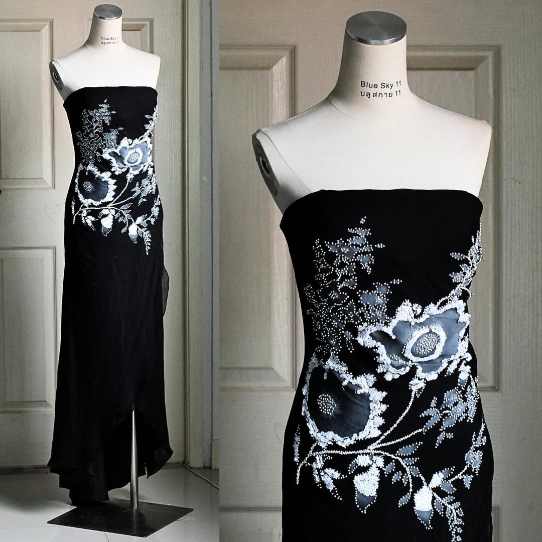 Vintage Y2K Cache Dress Strapless Beaded Black Silk Prom Dress - Etsy