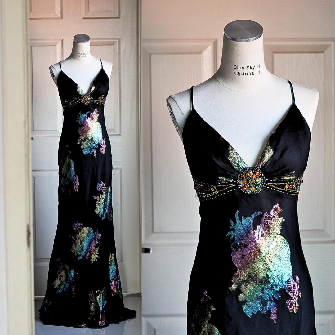 Dave and Johnny Vintage Y2K Bias Cut Slip Long Black Beaded Silk Prom Dress - Etsy