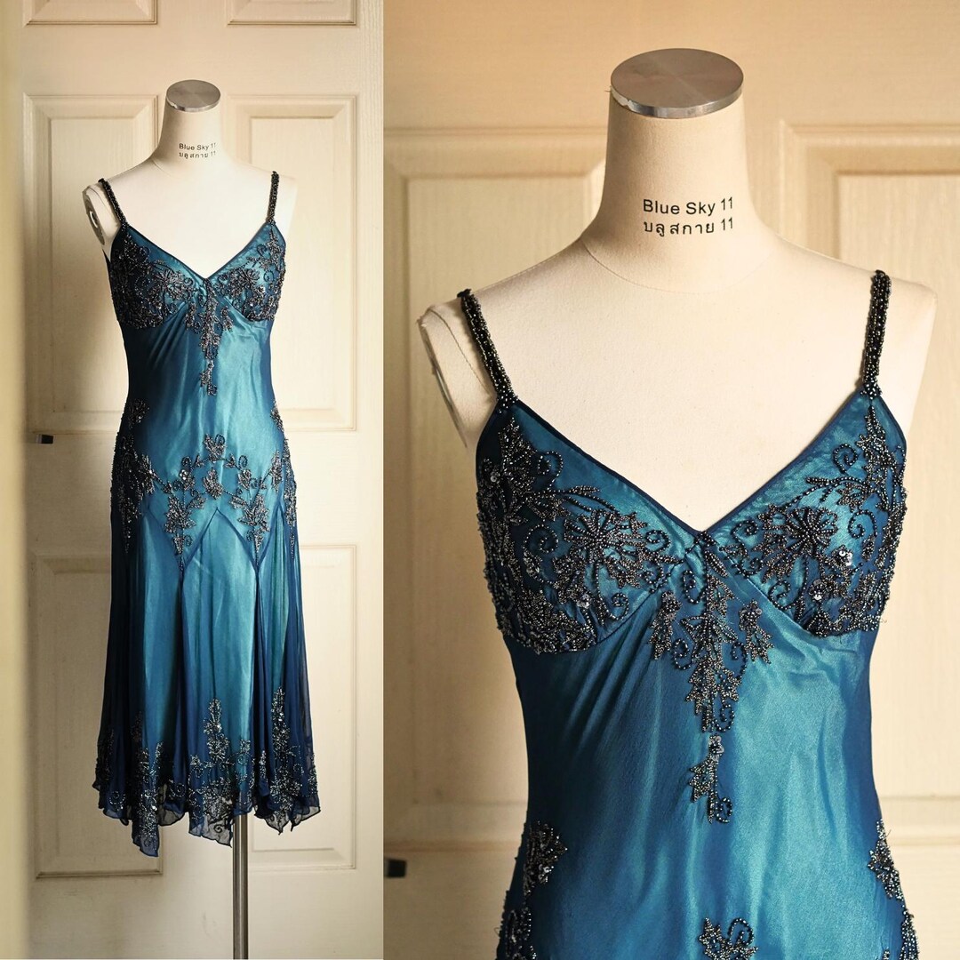 Adrianna Papell Fairy Whimsigoth Beaded Silk Bias Cut Flapper Prom ...