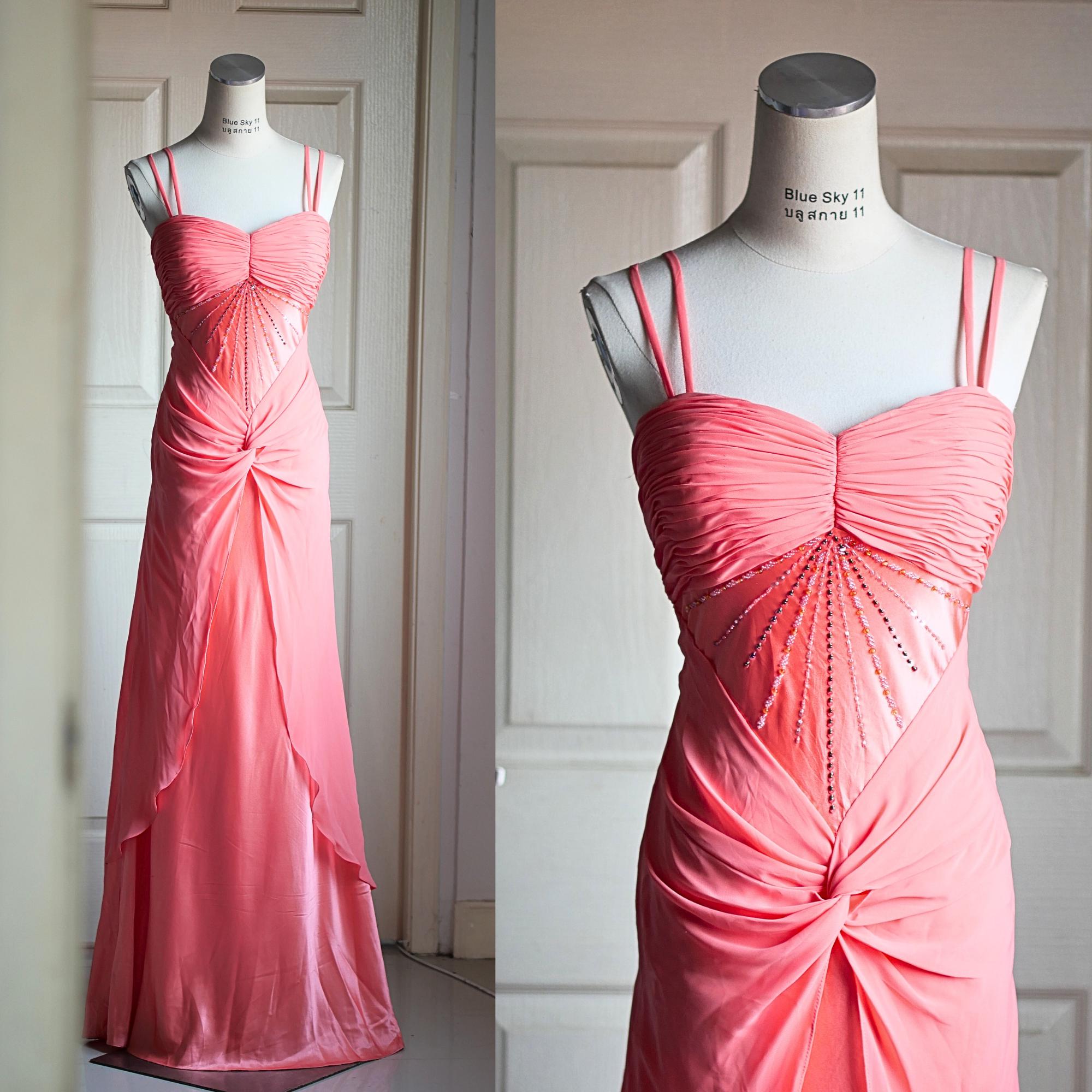 Vintage Y2K Catwalk Instyle Coral Slip Maxi Dress Beaded Chiffon Prom ...
