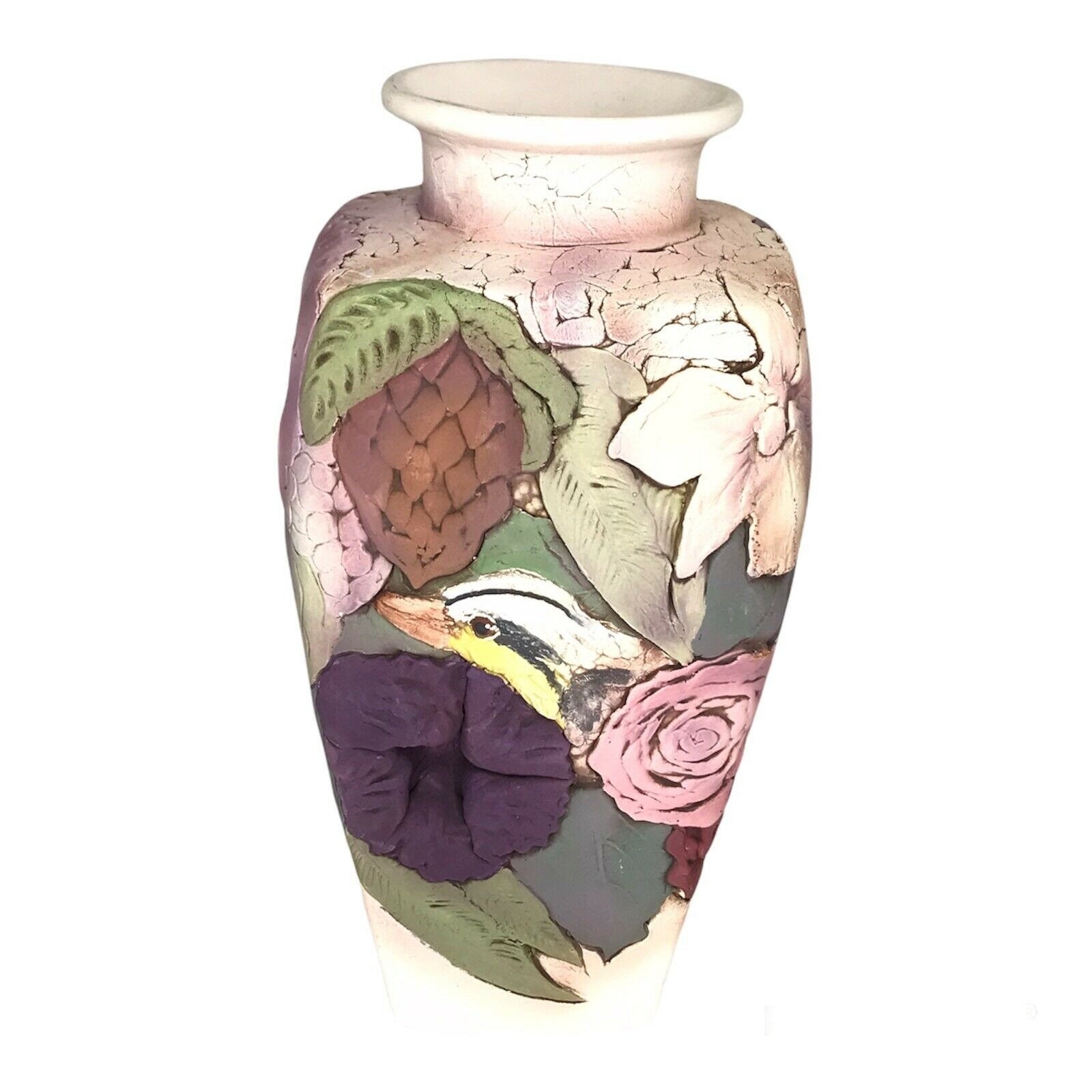 John Davis Pottery Ceramic Vase 12" Sculpted Inlaid Floral Bouquet With ...