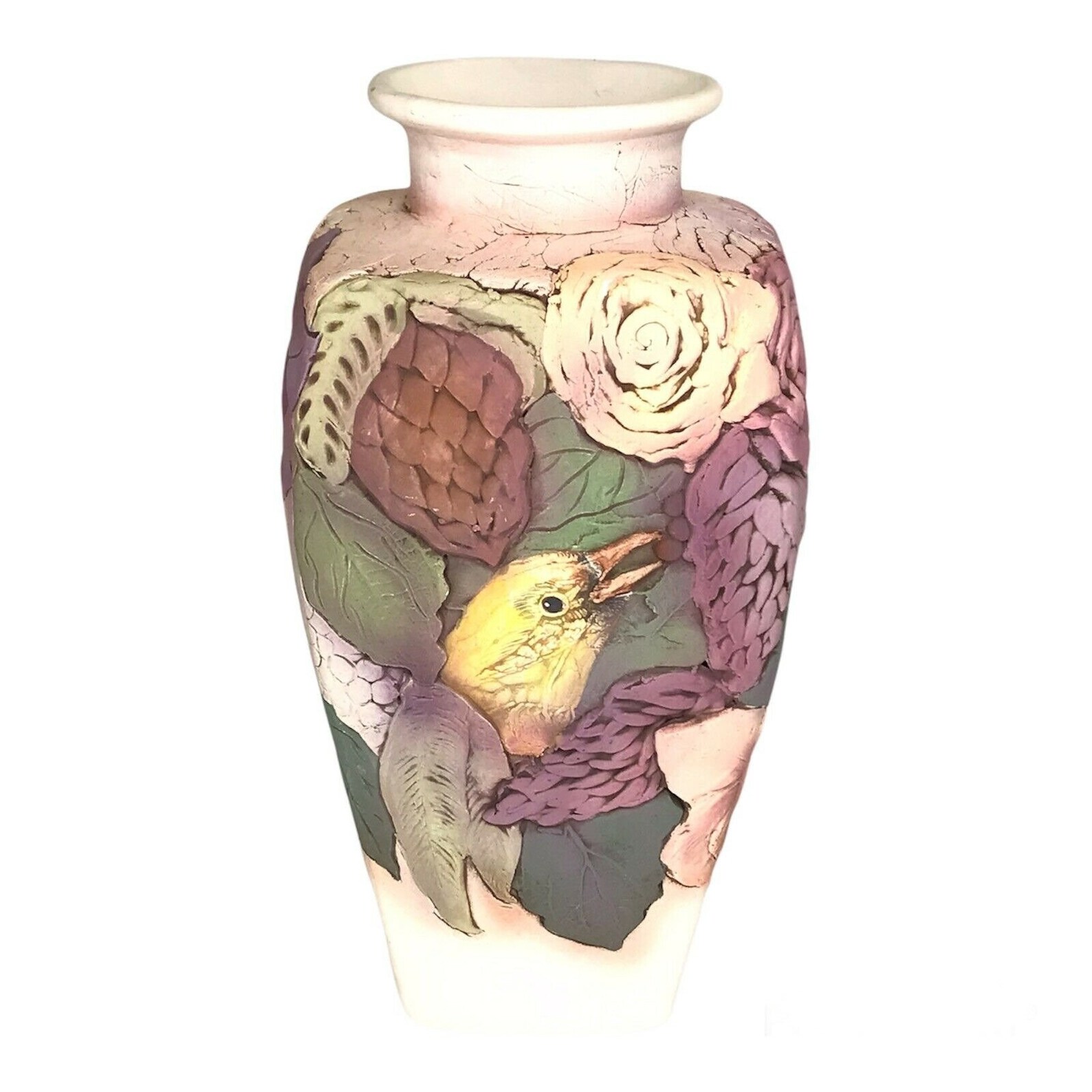 John Davis Pottery Ceramic Vase 12" Sculpted Inlaid Floral Bouquet With ...