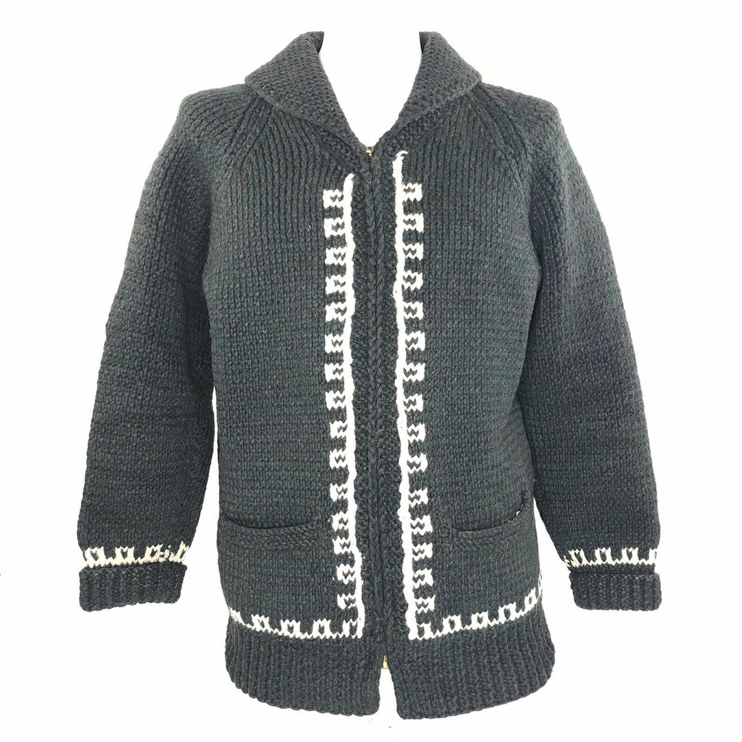 Woman’s Jacket Curling Sweater Hand Knit Shawl Collar Geometric Vintage ...
