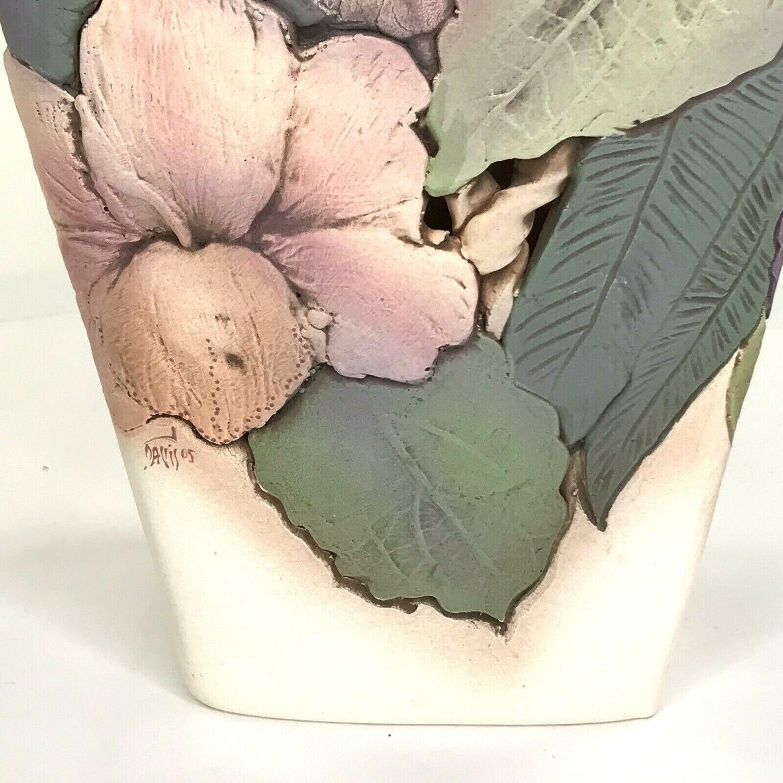 John Davis Pottery Ceramic Vase 12" Sculpted Inlaid Floral Bouquet With ...