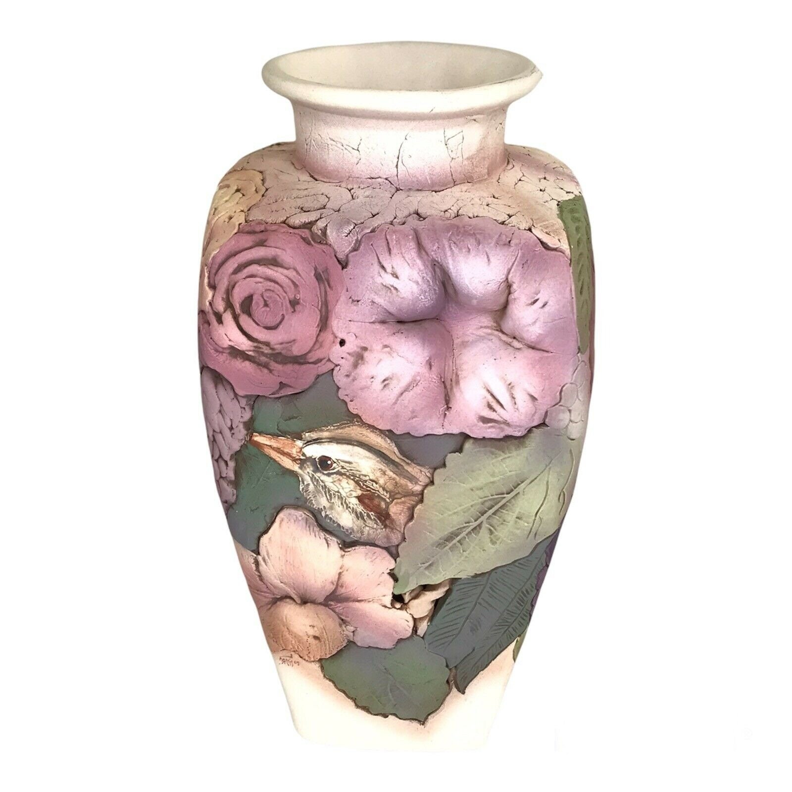 John Davis Pottery Ceramic Vase 12" Sculpted Inlaid Floral Bouquet With ...