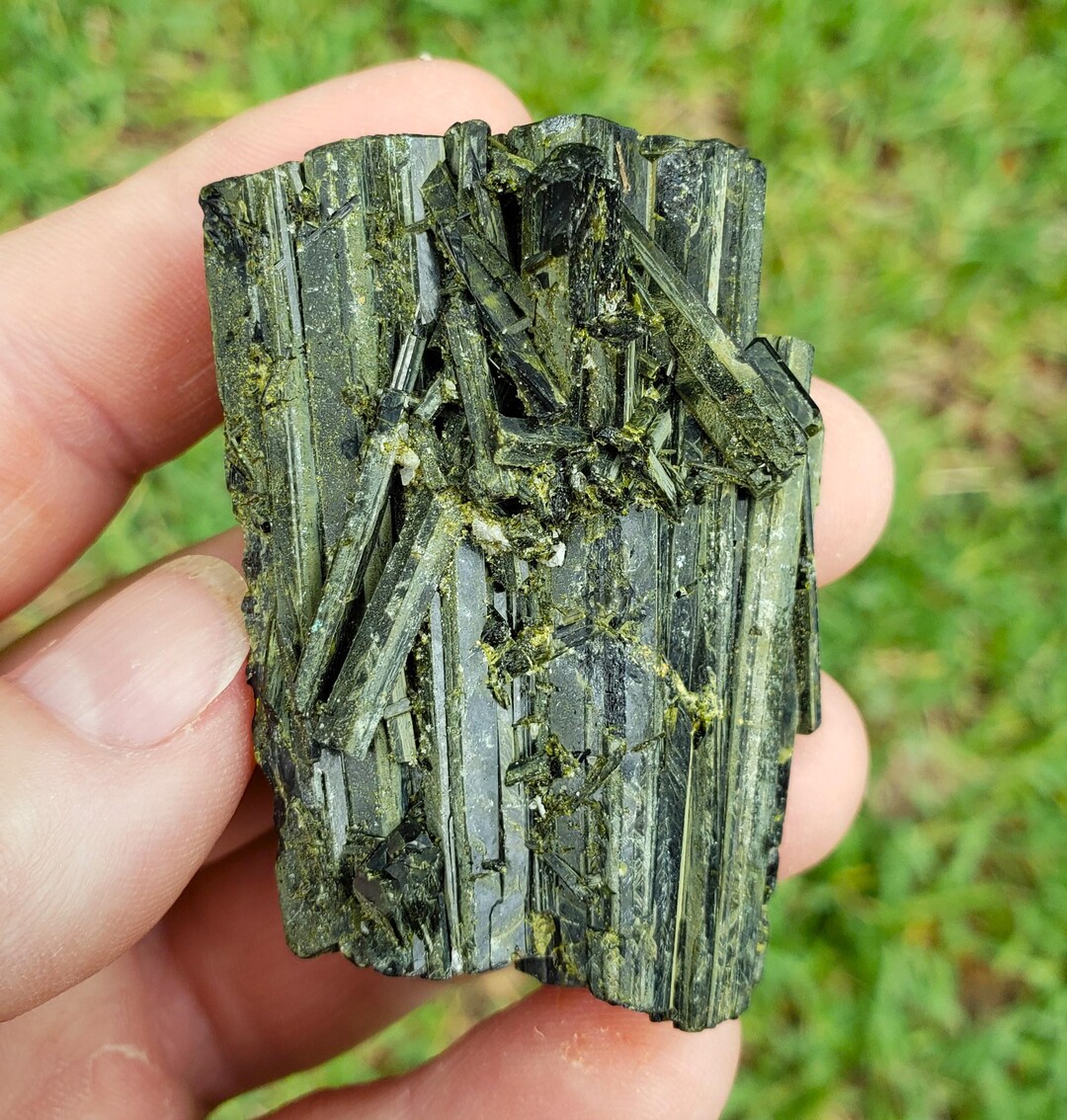 Double Terminated Epidote Crystal Cluster With Calcite and Quartz From ...