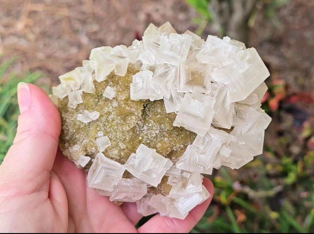 4.6 In. Double Sided White Halite Crystal Cluster on Lime Green Trona ...