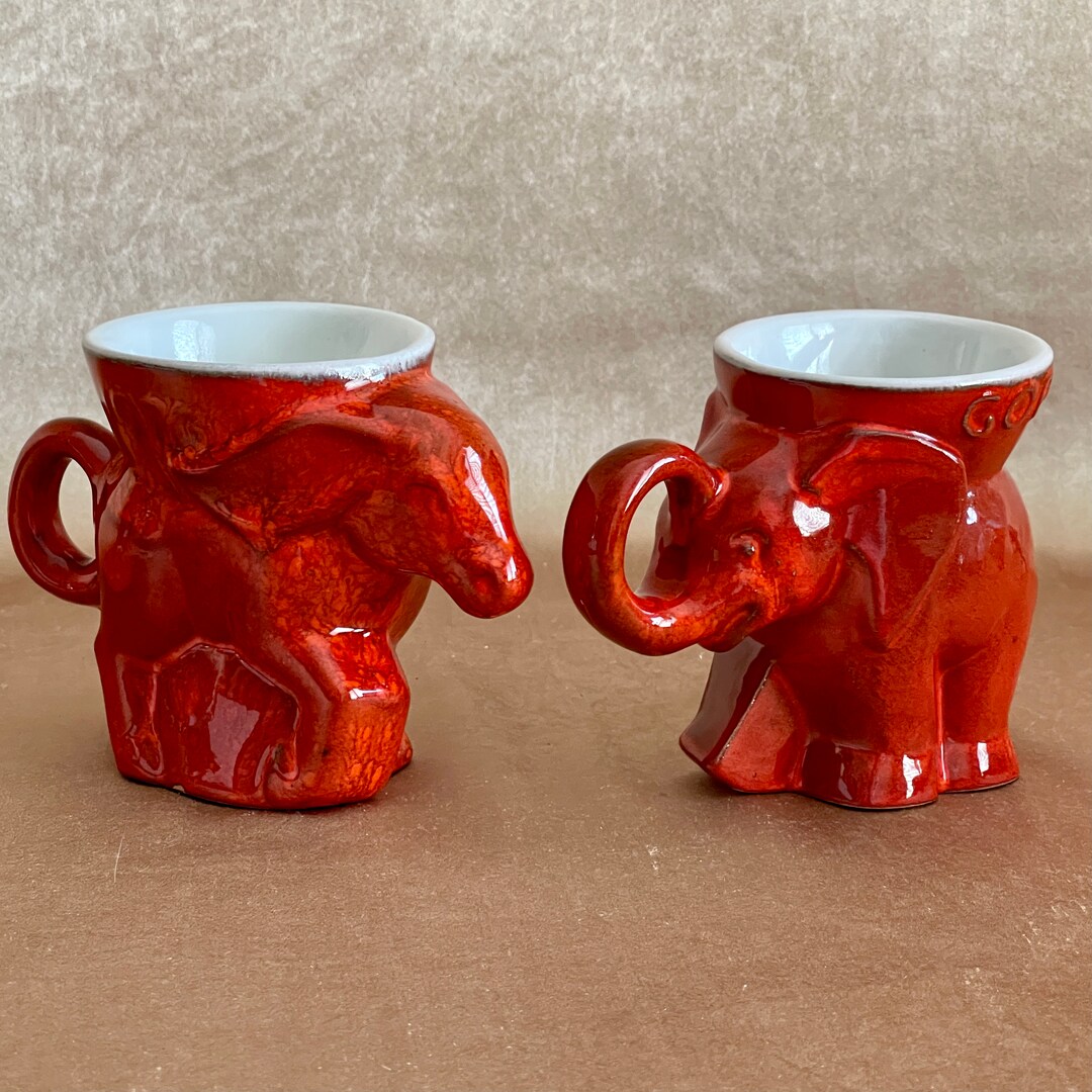 Pair of Frankoma Political Mugs in Glossy Red, Vintage Democrat Donkey ...