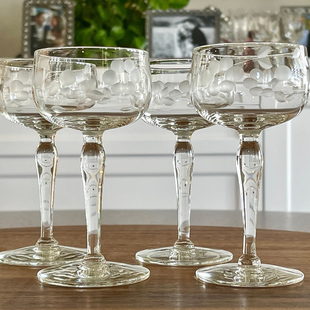 1940s Floral Etched Nick and Nora Liquor Cocktail Stemware, Four Hand ...
