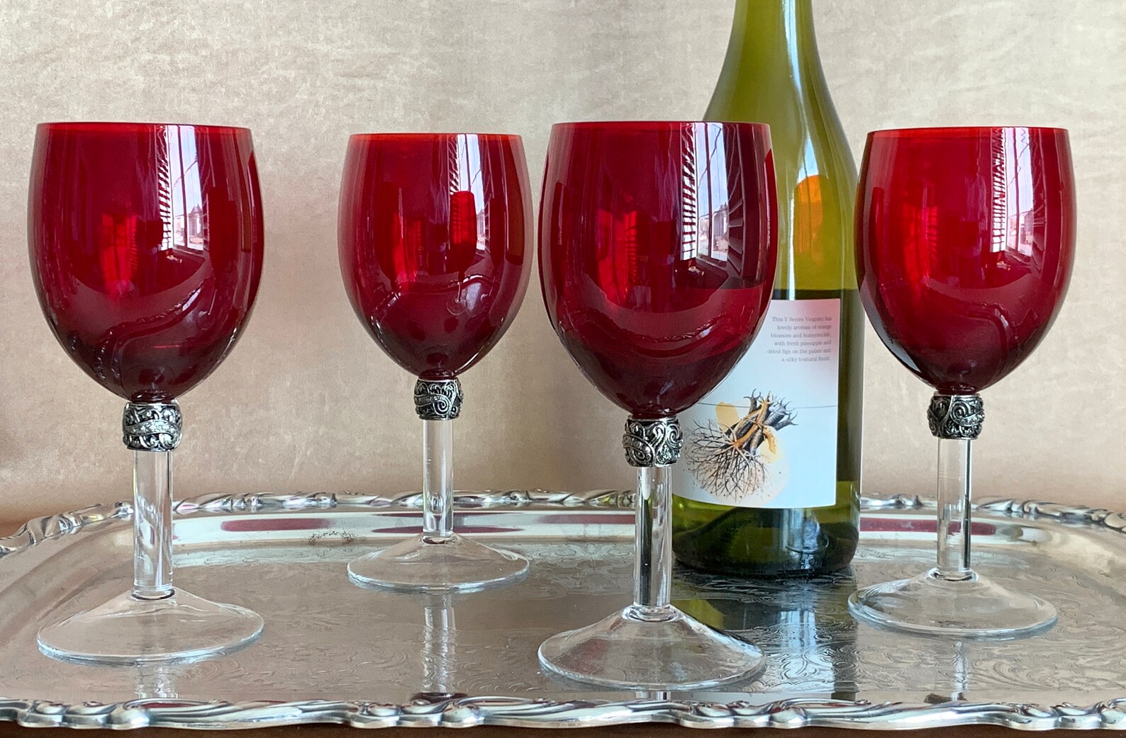 Ruby Red Wine Glasses Red Goblets with Clear Stems and Pewter | Etsy