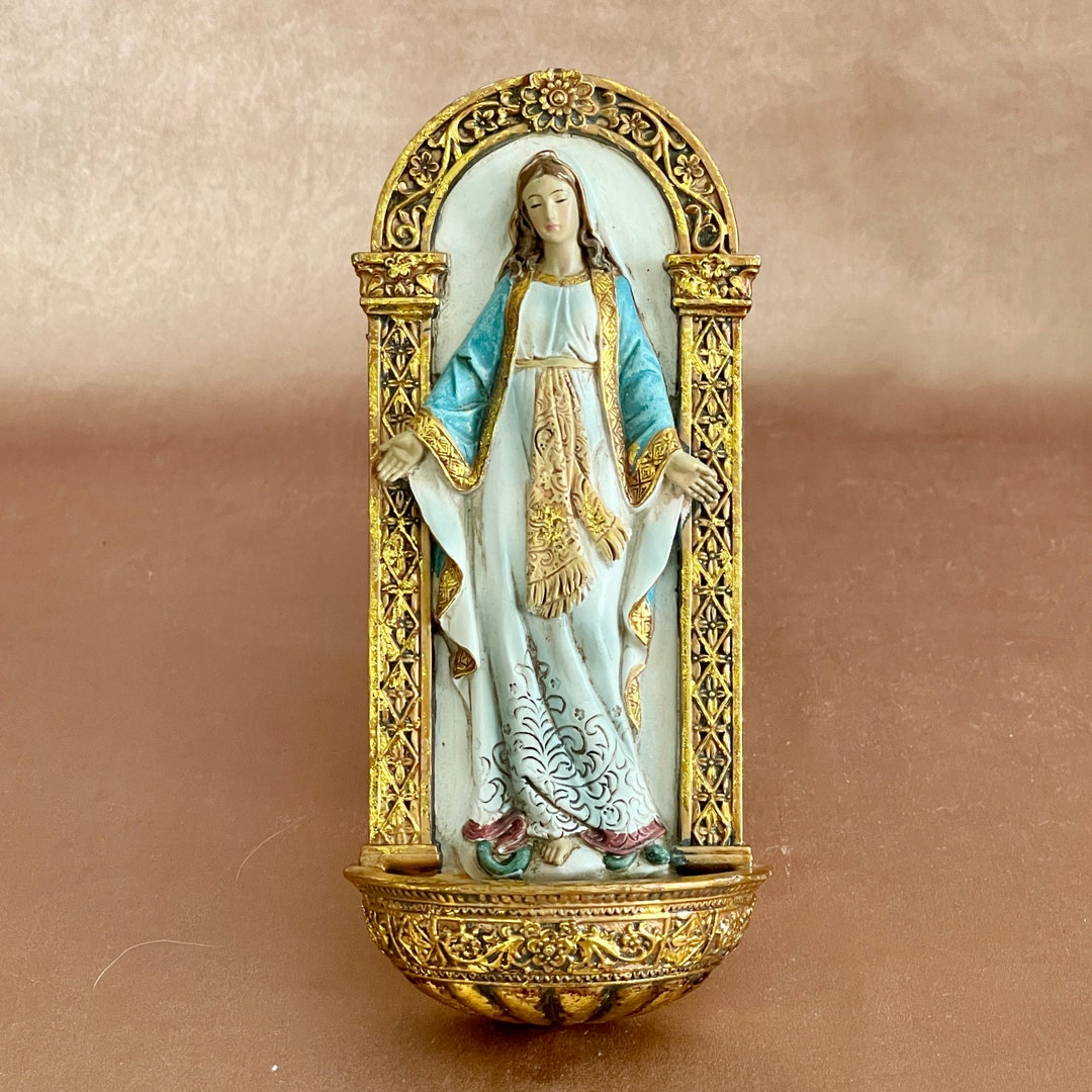 Virgin Mary Holy Water Font, Vintage Gold Highly Detailed Madonna Holy ...