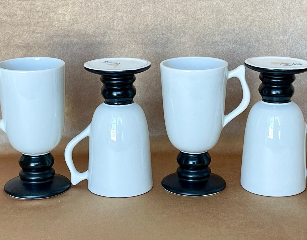 Four Halls Mod Coffee Mugs in Black White, 4 Retro Ceramic Restaurant ...