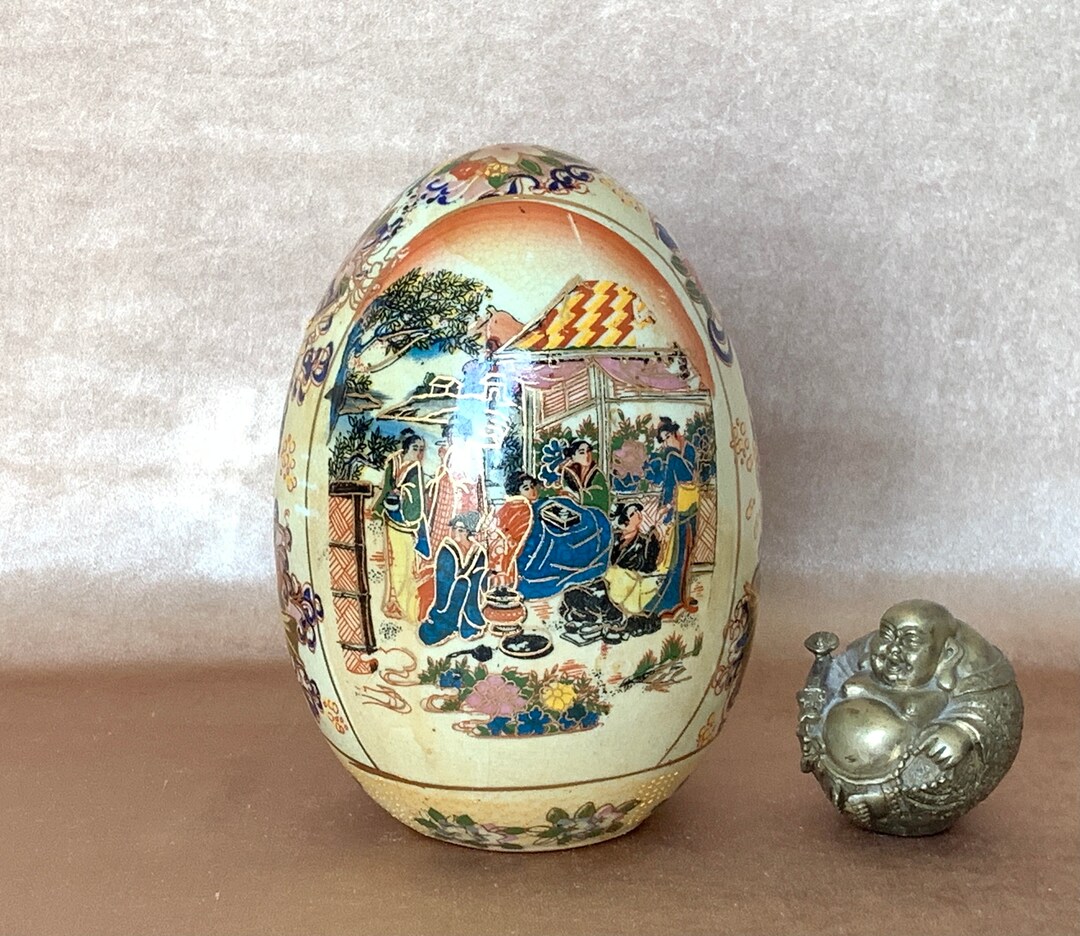 Vintage Asian Satsuma Egg, Hand Painted Porcelain, Chinoiserie Home or ...